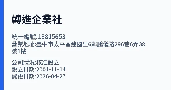 轉進企業社的照片-統編 13815653(臺中市) 公司登記資料與營業項目詳細圖表