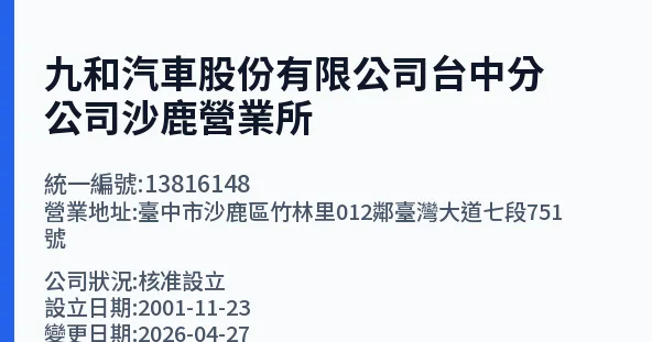 九和汽車股份有限公司台中分公司沙鹿營業所的照片-統編 13816148(臺中市) 公司登記資料與營業項目詳細圖表