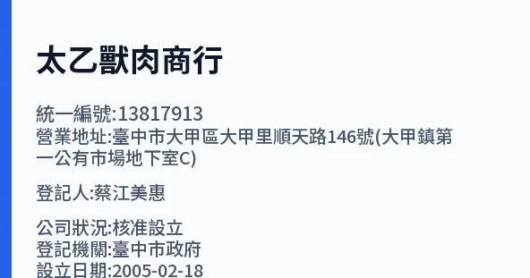 太乙獸肉商行的照片-統編 13817913(臺中市) 公司登記資料與營業項目詳細圖表