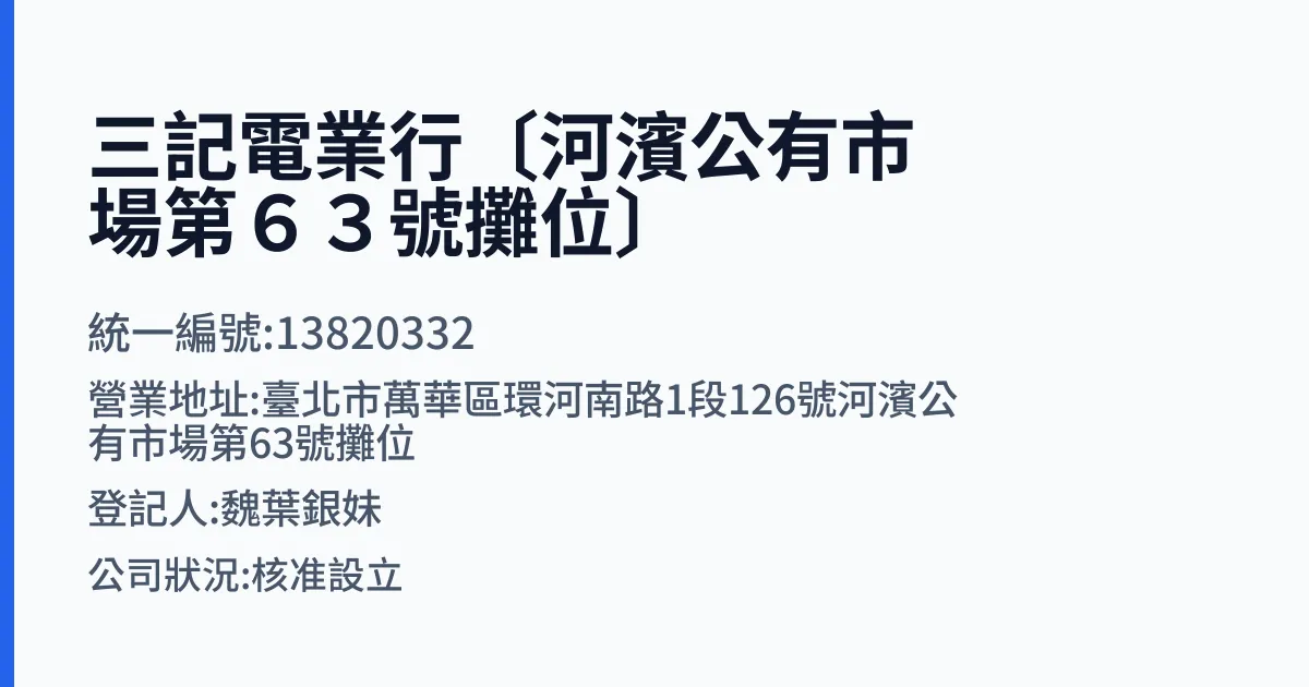 三記電業行〔河濱公有市場第６３號攤位〕 - 統編 13820332(臺北市) 公司登記資料與營業項目詳細圖表