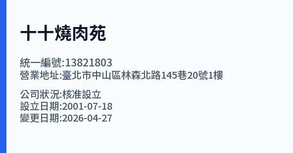 十十燒肉苑的照片-統編 13821803(臺北市) 公司登記資料與營業項目詳細圖表
