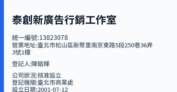 泰創新廣告行銷工作室的照片-統編 13823078(臺北市) 公司登記資料與營業項目詳細圖表
