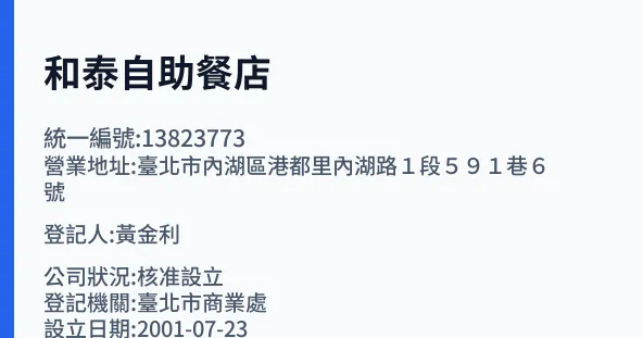 和泰自助餐店的照片-統編 13823773(臺北市) 公司登記資料與營業項目詳細圖表