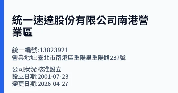 統一速達股份有限公司南港營業區的照片-統編 13823921(臺北市) 公司登記資料與營業項目詳細圖表