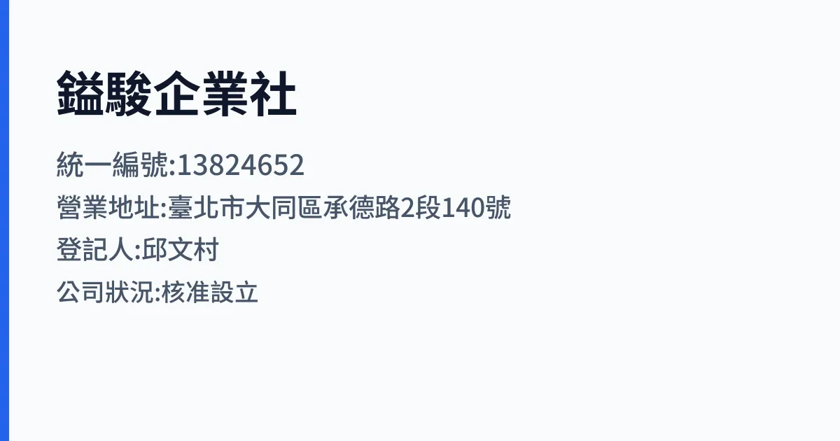 鎰駿企業社 - 統編 13824652(臺北市) 公司登記資料與營業項目詳細圖表