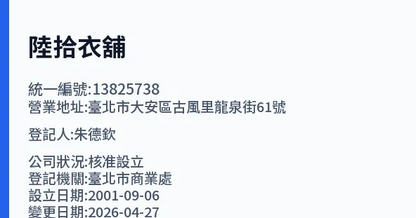 陸拾衣舖的照片-統編 13825738(臺北市) 公司登記資料與營業項目詳細圖表
