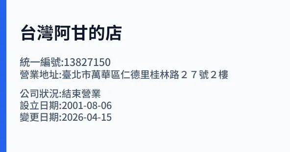 台灣阿甘的店的照片-統編 13827150(臺北市) 公司登記資料與營業項目詳細圖表
