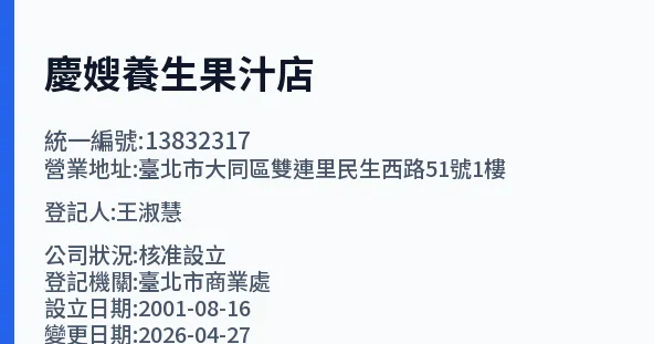 慶嫂養生果汁店的照片-統編 13832317(臺北市) 公司登記資料與營業項目詳細圖表
