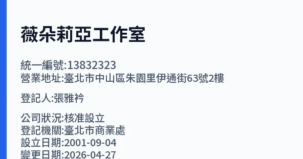 薇朵莉亞工作室的照片-統編 13832323(臺北市) 公司登記資料與營業項目詳細圖表