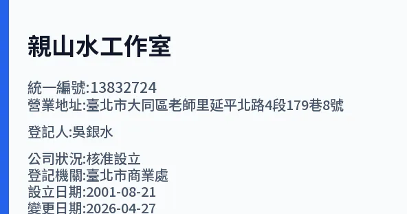親山水工作室的照片-統編 13832724(臺北市) 公司登記資料與營業項目詳細圖表