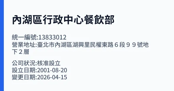 內湖區行政中心餐飲部的照片-統編 13833012(臺北市) 公司登記資料與營業項目詳細圖表