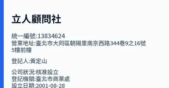 立人顧問社的照片-統編 13834624(臺北市) 公司登記資料與營業項目詳細圖表