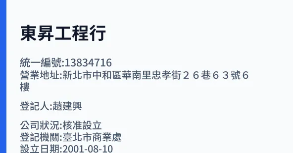 東昇工程行的照片-統編 13834716(新北市) 公司登記資料與營業項目詳細圖表