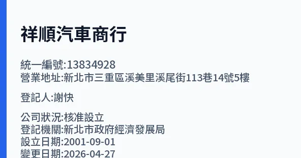 祥順汽車商行的照片-統編 13834928(新北市) 公司登記資料與營業項目詳細圖表