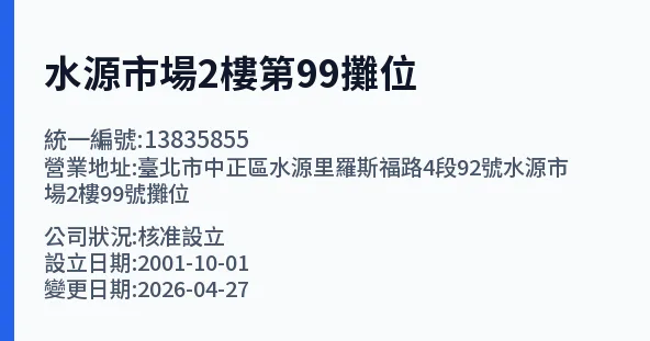 水源市場2樓第99攤位的照片-統編 13835855(臺北市) 公司登記資料與營業項目詳細圖表