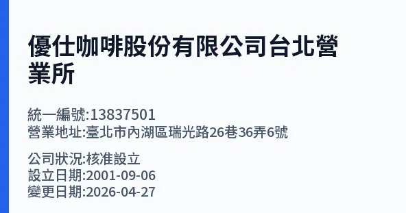 優仕咖啡股份有限公司台北營業所的照片-統編 13837501(臺北市) 公司登記資料與營業項目詳細圖表