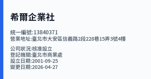 希爾企業社的照片-統編 13840371(臺北市) 公司登記資料與營業項目詳細圖表