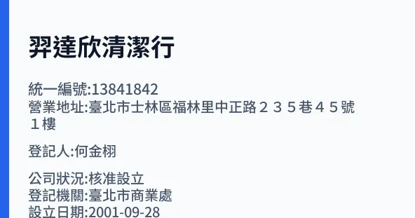 羿達欣清潔行的照片-統編 13841842(臺北市) 公司登記資料與營業項目詳細圖表