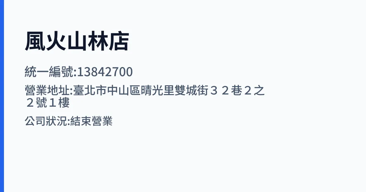 風火山林店 - 統編 13842700(臺北市) 公司登記資料與營業項目詳細圖表