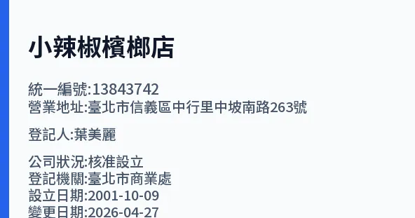 小辣椒檳榔店的照片-統編 13843742(臺北市) 公司登記資料與營業項目詳細圖表