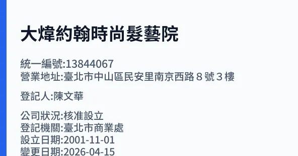 大煒約翰時尚髮藝院的照片-統編 13844067(臺北市) 公司登記資料與營業項目詳細圖表
