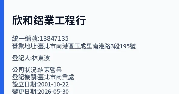 欣和鋁業工程行的照片-統編 13847135(臺北市) 公司登記資料與營業項目詳細圖表