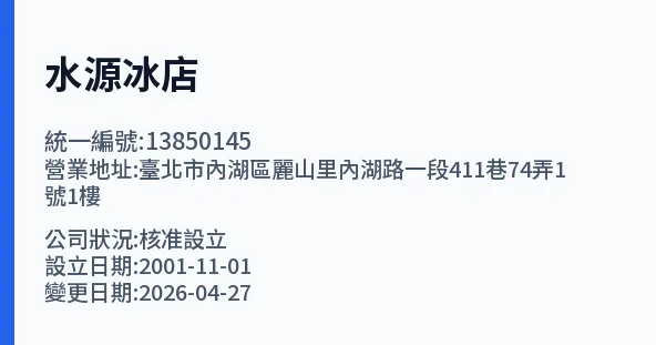 水源冰店的照片-統編 13850145(臺北市) 公司登記資料與營業項目詳細圖表