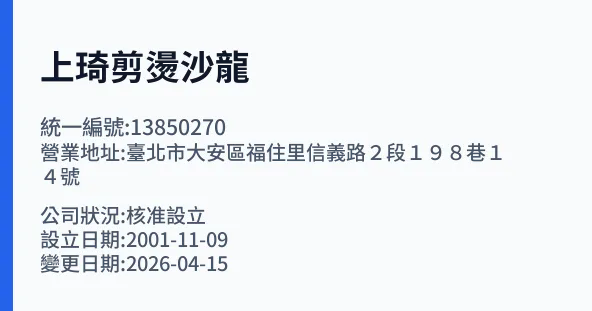 上琦剪燙沙龍的照片-統編 13850270(臺北市) 公司登記資料與營業項目詳細圖表