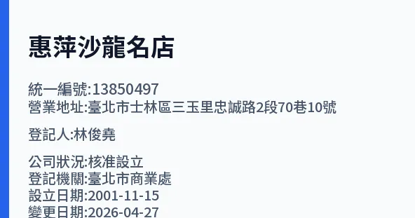 惠萍沙龍名店的照片-統編 13850497(臺北市) 公司登記資料與營業項目詳細圖表