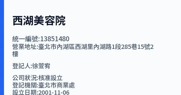 西湖美容院的照片-統編 13851480(臺北市) 公司登記資料與營業項目詳細圖表