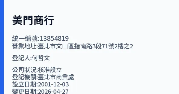 美門商行的照片-統編 13854819(臺北市) 公司登記資料與營業項目詳細圖表