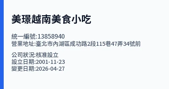 美璟越南美食小吃的照片-統編 13858940(臺北市) 公司登記資料與營業項目詳細圖表