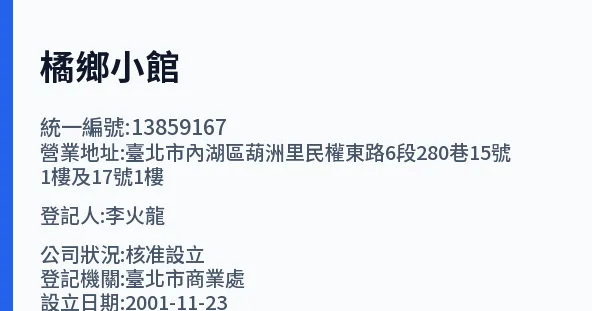橘鄉小館的照片-統編 13859167(臺北市) 公司登記資料與營業項目詳細圖表