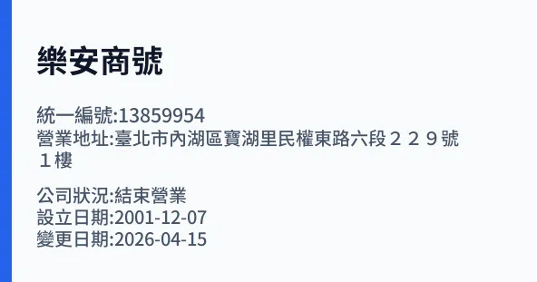 樂安商號的照片-統編 13859954(臺北市) 公司登記資料與營業項目詳細圖表