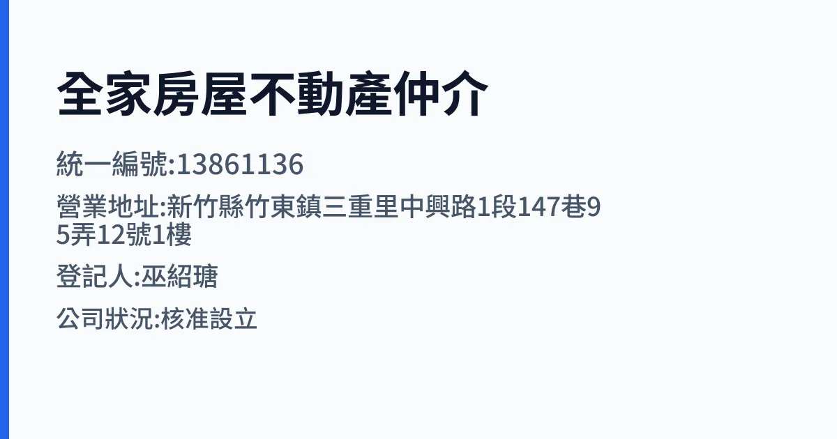 全家房屋不動產仲介 - 統編 13861136(新竹縣) 公司登記資料與營業項目詳細圖表