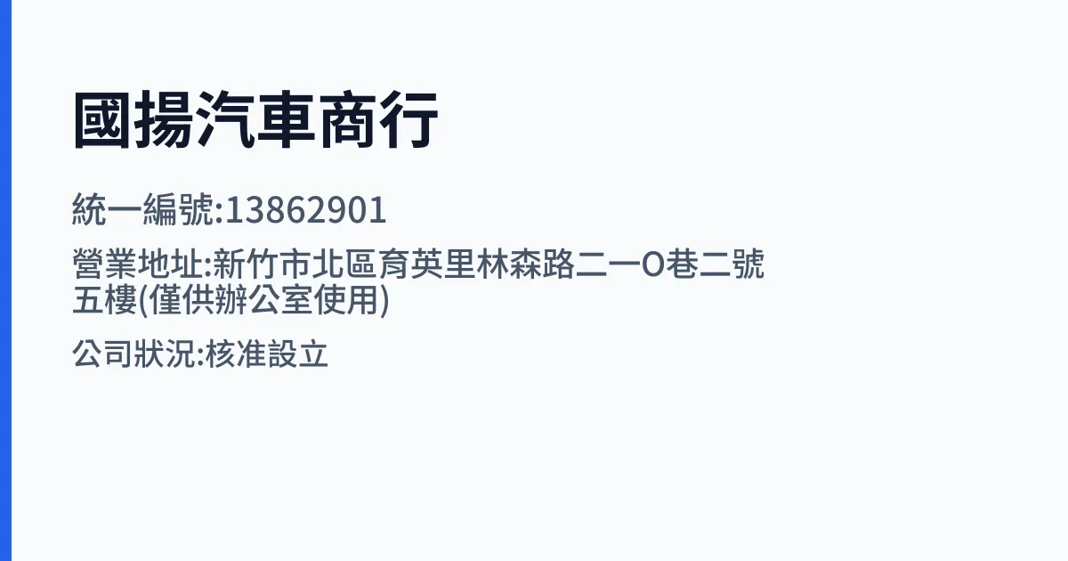 國揚汽車商行 - 統編 13862901（新竹市） 公司登記資料與營業項目詳細圖表