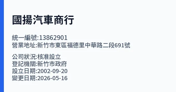 國揚汽車商行的照片-統編 13862901(新竹市) 公司登記資料與營業項目詳細圖表