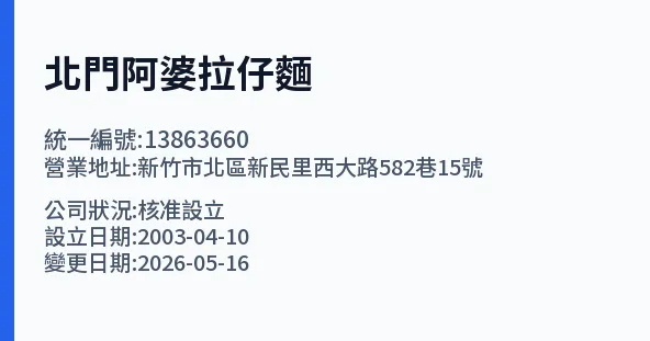 北門阿婆拉仔麵的照片-統編 13863660(新竹市) 公司登記資料與營業項目詳細圖表