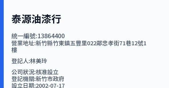 泰源油漆行的照片-統編 13864400(新竹縣) 公司登記資料與營業項目詳細圖表