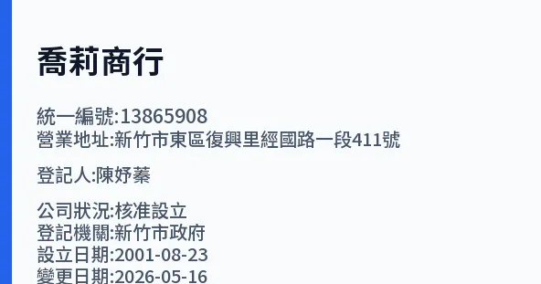 喬莉商行的照片-統編 13865908(新竹市) 公司登記資料與營業項目詳細圖表