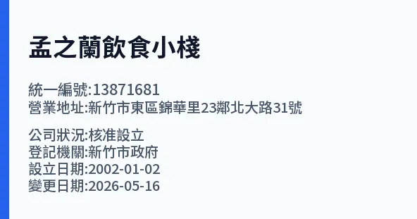孟之蘭飲食小棧的照片-統編 13871681(新竹市) 公司登記資料與營業項目詳細圖表