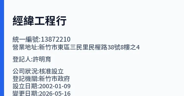 經緯工程行的照片-統編 13872210(新竹市) 公司登記資料與營業項目詳細圖表