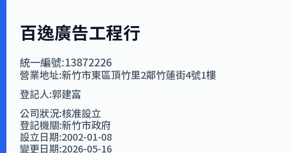 百逸廣告工程行的照片-統編 13872226(新竹市) 公司登記資料與營業項目詳細圖表