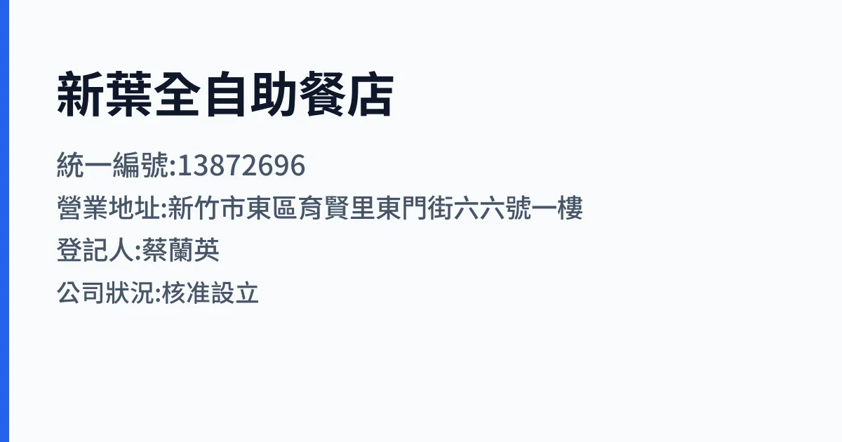 新葉全自助餐店 - 統編 13872696(新竹市) 公司登記資料與營業項目詳細圖表