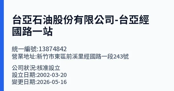 台亞石油股份有限公司-台亞經國路一站的照片-統編 13874842(新竹市) 公司登記資料與營業項目詳細圖表