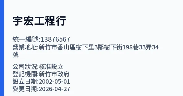 宇宏工程行的照片-統編 13876567(新竹市) 公司登記資料與營業項目詳細圖表