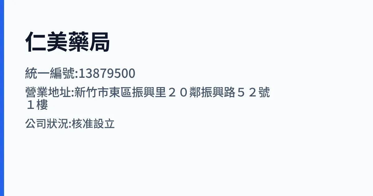 仁美藥局 - 統編 13879500(新竹市) 公司登記資料與營業項目詳細圖表