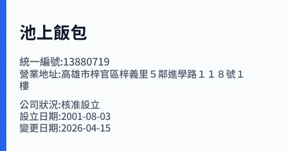 池上飯包的照片-統編 13880719(高雄市) 公司登記資料與營業項目詳細圖表