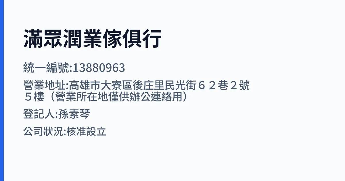 滿眾潤業傢俱行 - 統編 13880963(高雄市) 公司登記資料與營業項目詳細圖表