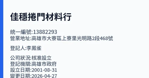 佳穩捲門材料行的照片-統編 13882293(高雄市) 公司登記資料與營業項目詳細圖表